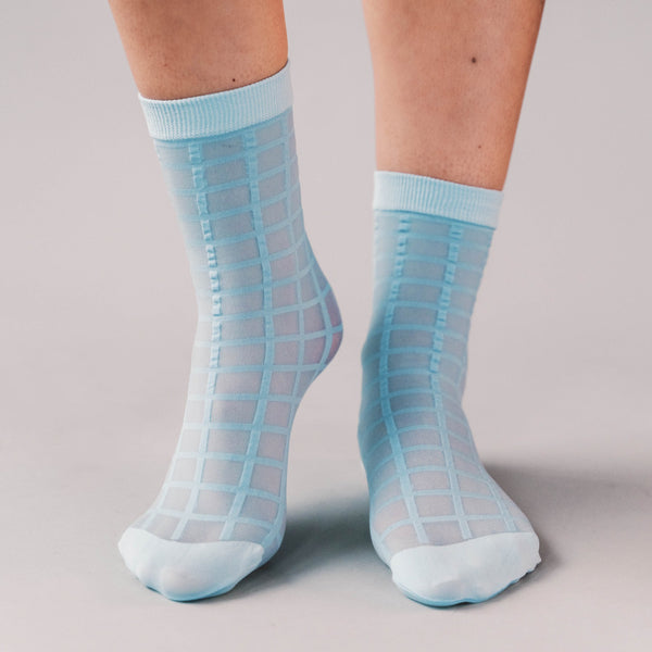 Rachel Checkered Sheer Socks in Sky Blue | Poppy Barley